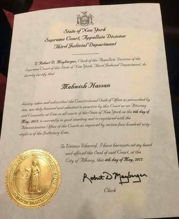 New York Bar Association honours Mehwish Baloch - The Baloch News